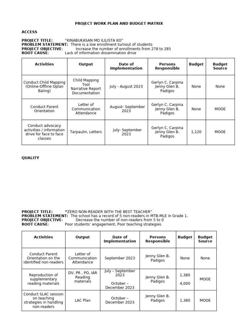 PROJECT WORK PLAN AND BUDGET MATRIX | PDF | Learning