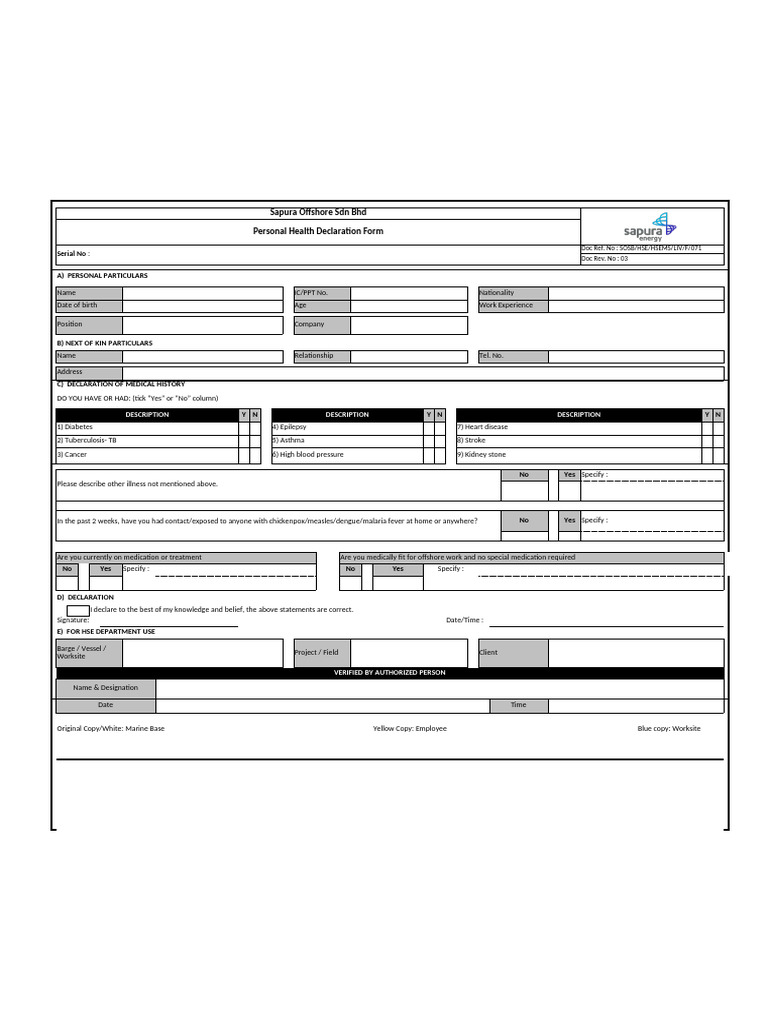 F071 - Personal Health Declaration Form (Pre-Access) Rev 4 2018 | PDF ...