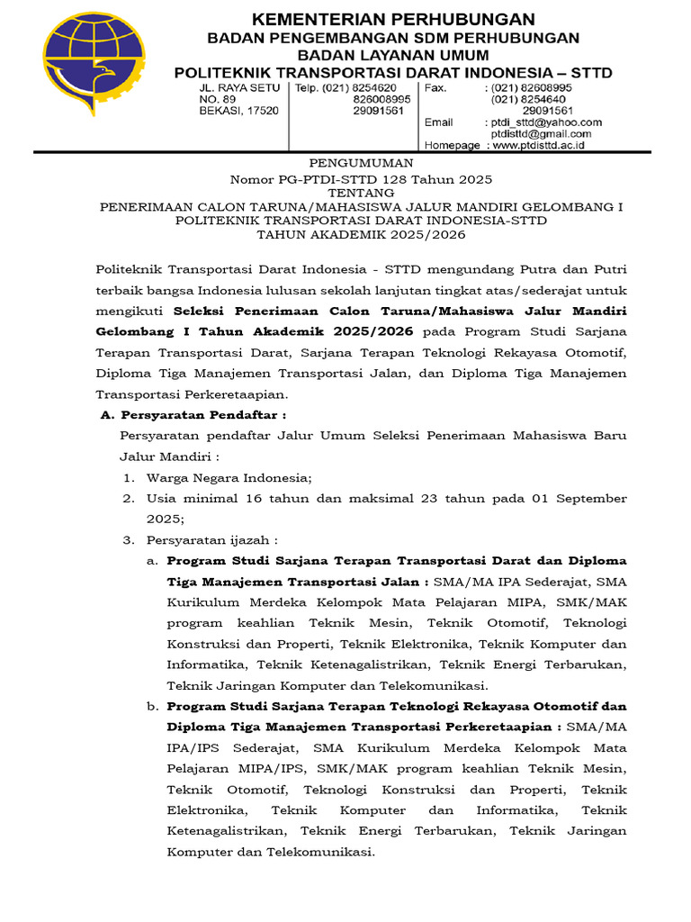 Pendaftaran Jalur Mandiri STTD 2025 | PDF