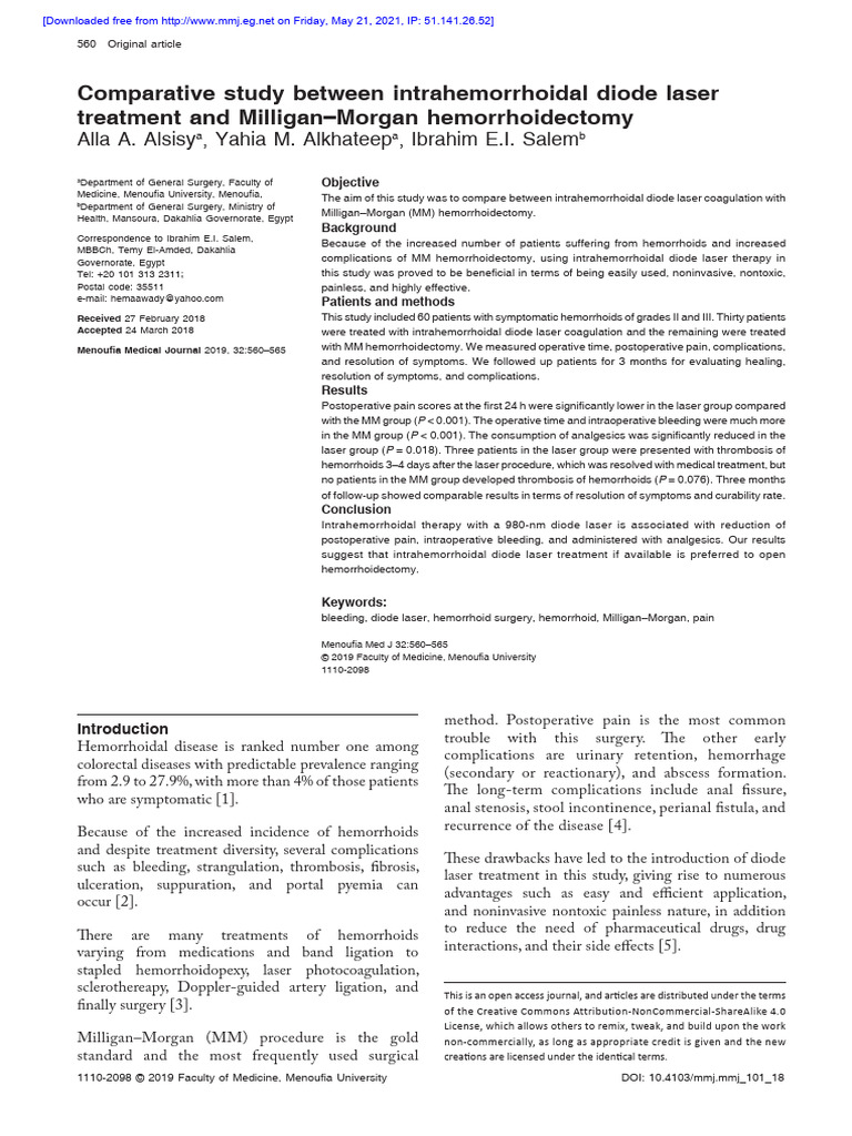 Comparative Study Between Intrahemorrhoidal Diode Laser Treatment and ...