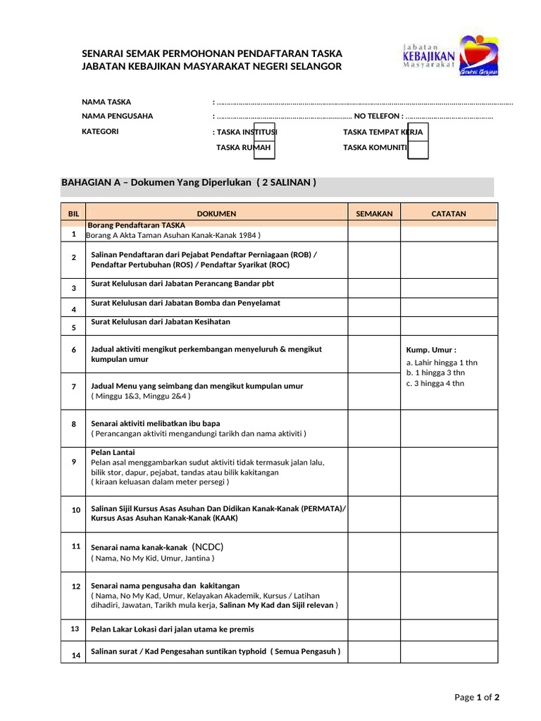 Senarai Semak Permohonan Pendaftaran Taska | PDF