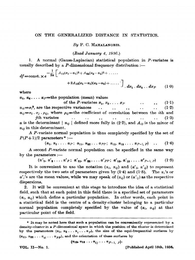 1936 Mahalanobis Paper. Original. On The Generalized Distance in ...