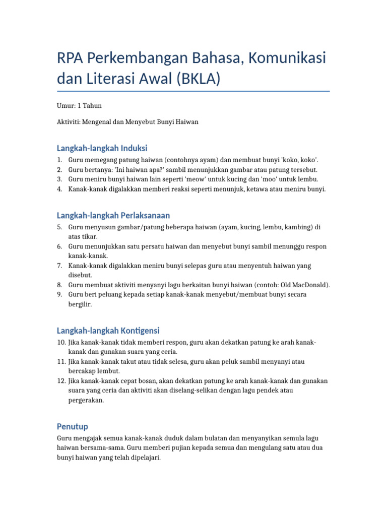 RPA BKLA Bunyi Haiwan 1tahun | PDF