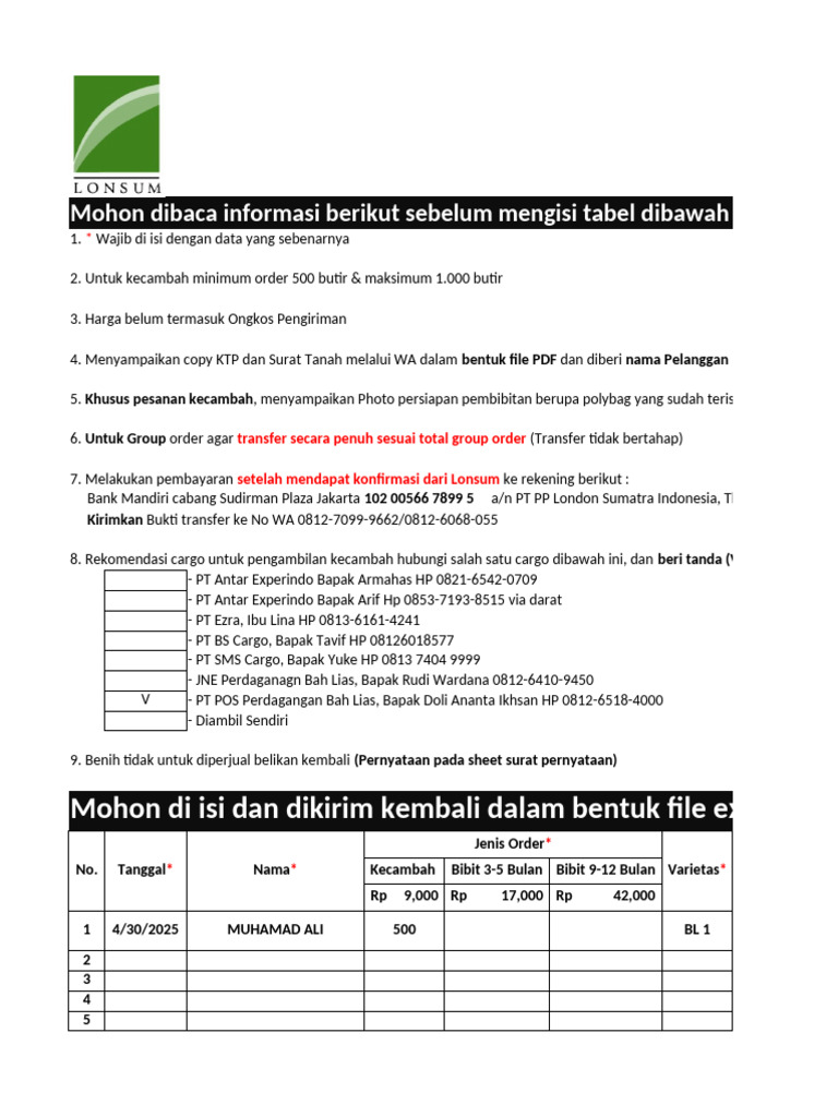 Data Pemohon Pembelian Benih Unggul Kelapa Sawit Lonsum06082024-1 | PDF