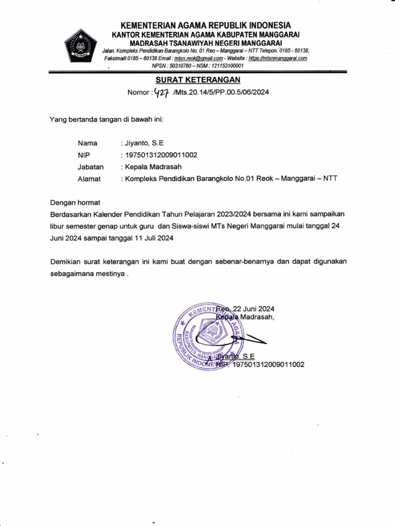 Surat Keterangan Libur Semester Genap T.P 2023-2024 - Compressed | PDF