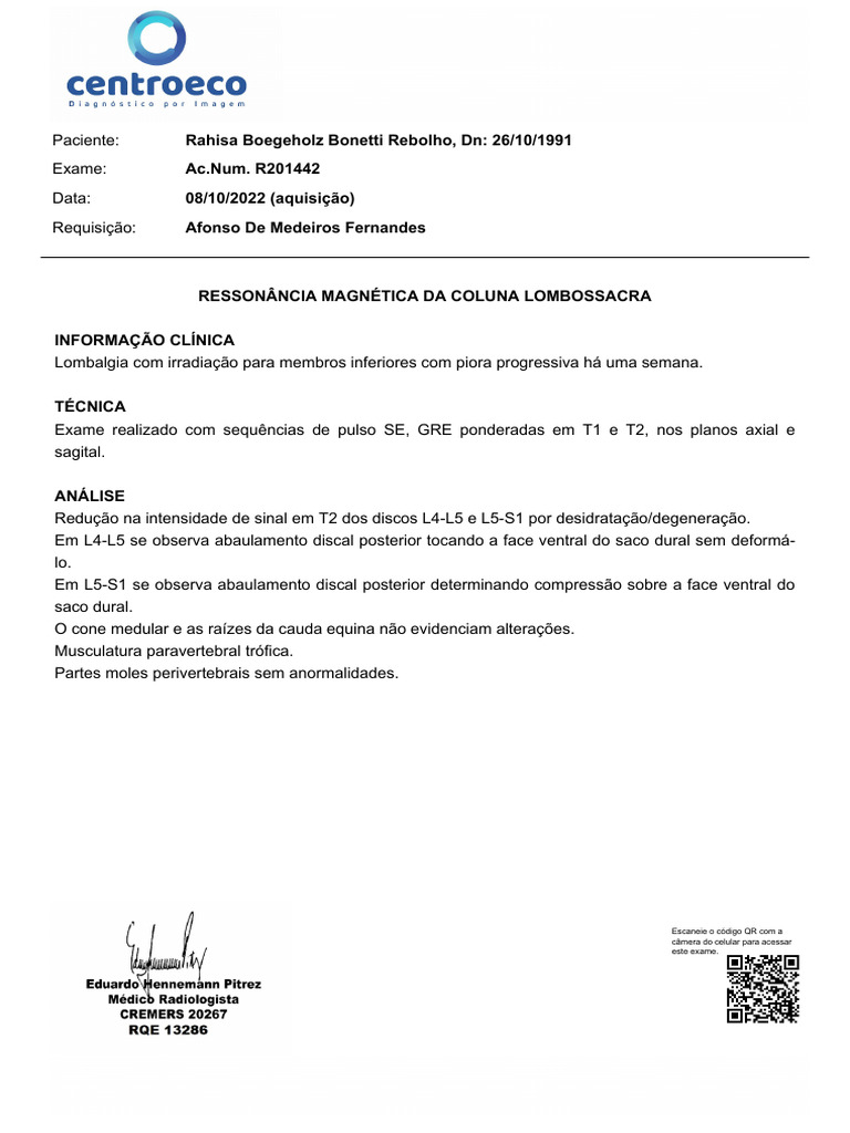 Laudo - RESSONANCIA - 2022-10-09 RAHISA BOEGEHOLZ BONETTI REBOLHO | PDF