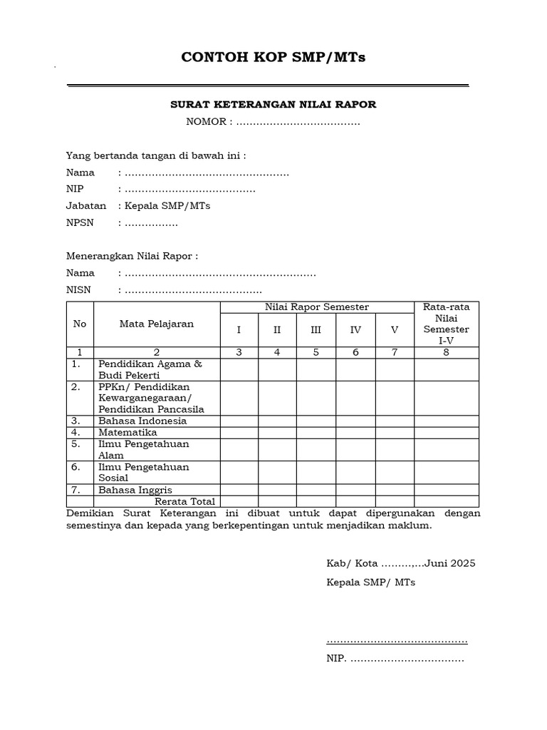 Surat Keterangan Nilai Raport | PDF