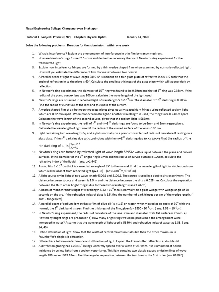 Tutorial 1 Physical Optics PDF2020 | PDF | Diffraction | Wavelength