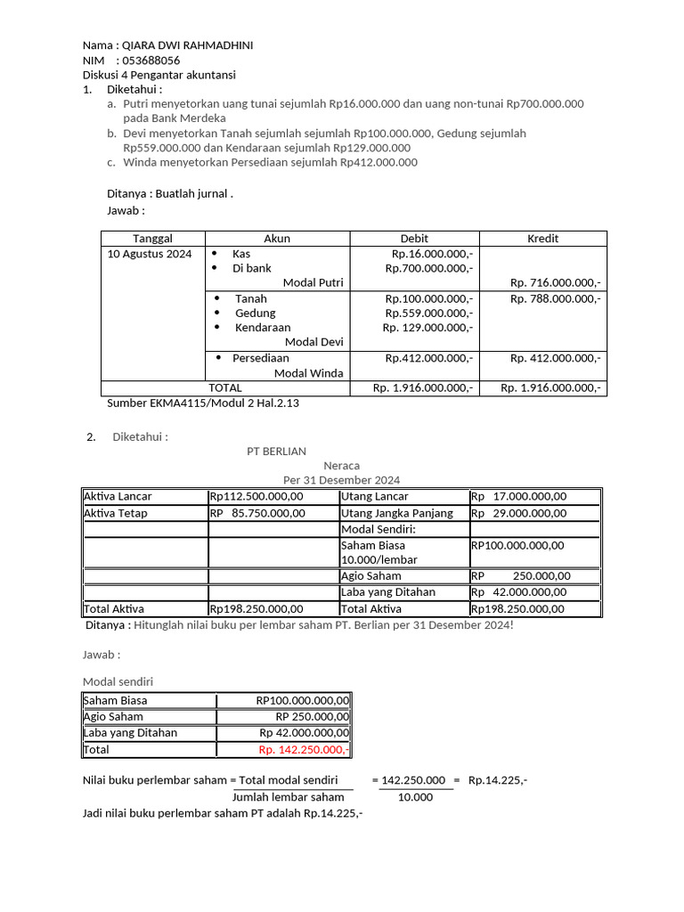 Diskusi 4 Pengantar Akuntansi Qiara PDF | PDF