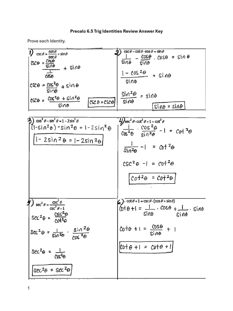 Precalc 6 5 Trig Identities Review Answer Key Pdf