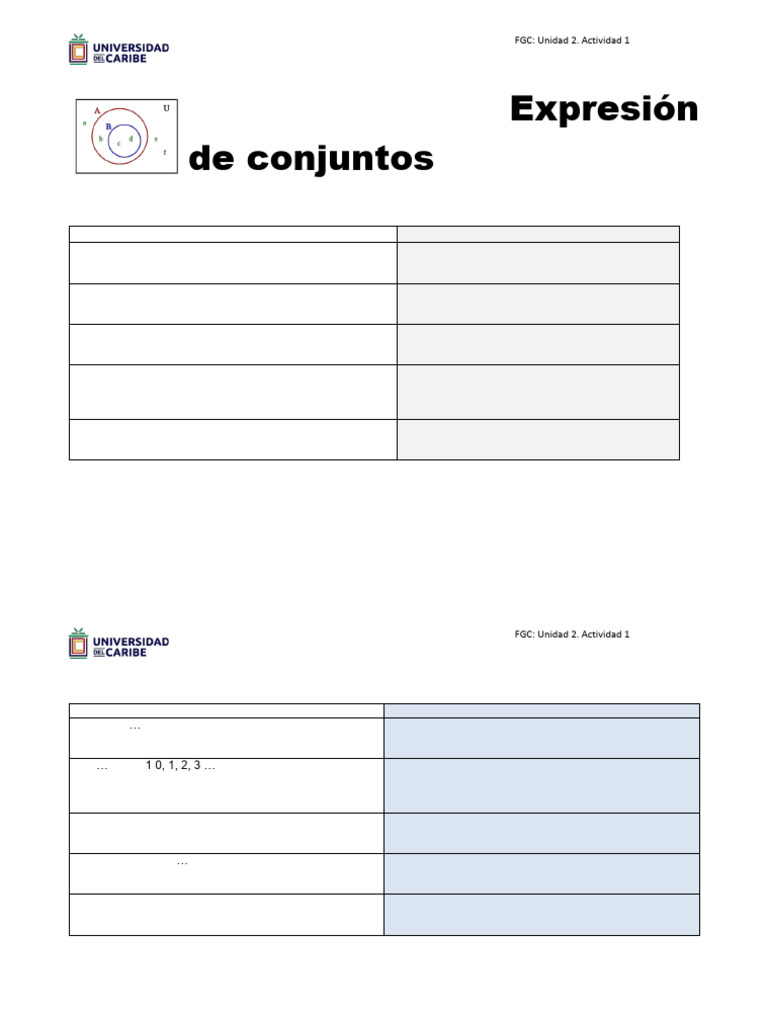 Unidad 2. Actividad 1. Expresiones de Conjuntos | PDF