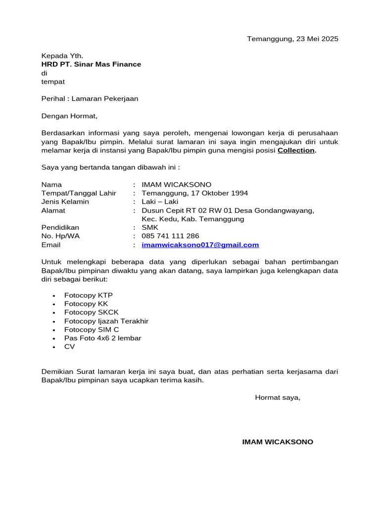 Lamaran Kerja Imam W | PDF