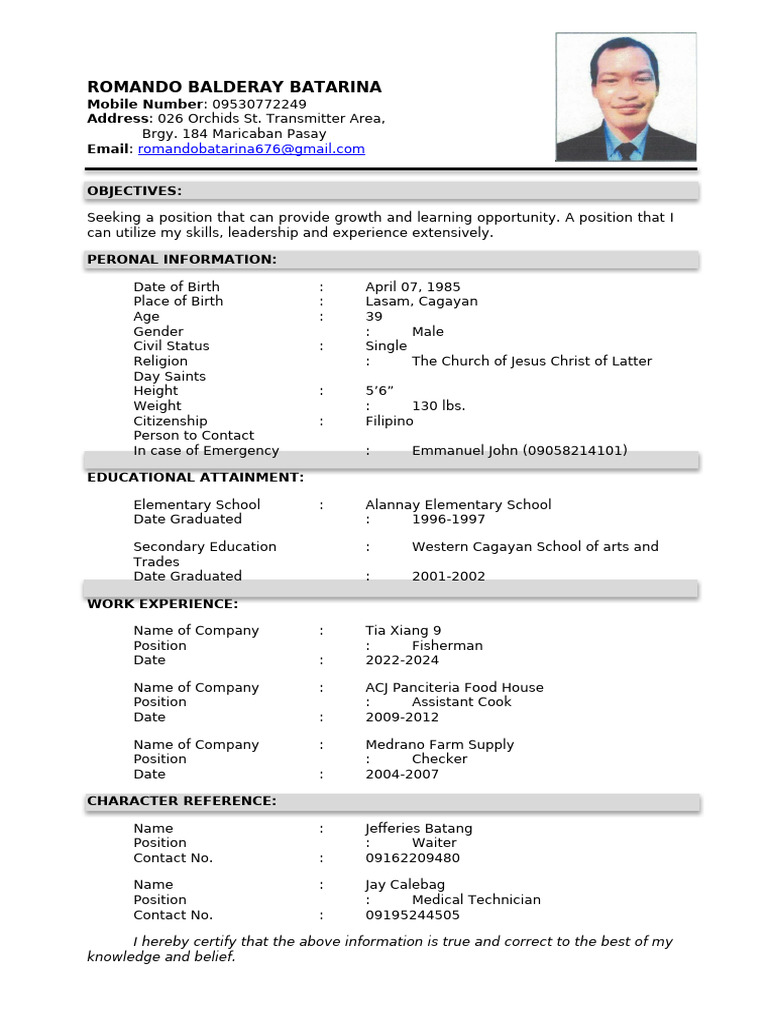 Romando Batarina Resume Overview | PDF