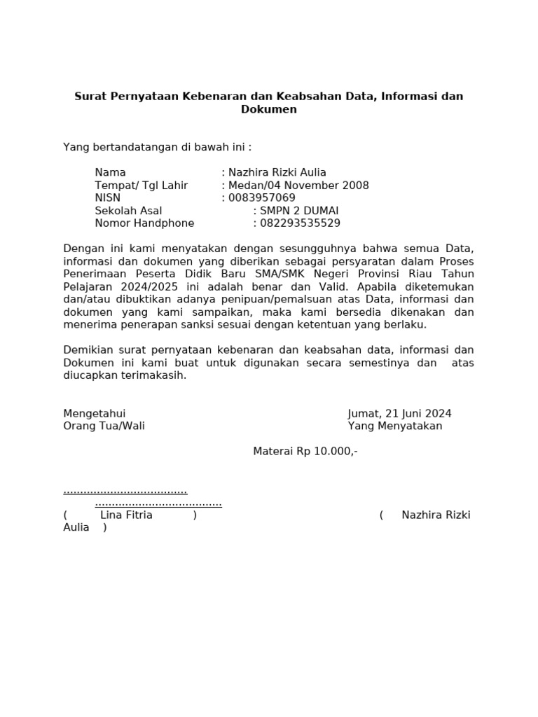Surat Pernayataan Kebenaran Dan Keabsahan Data | PDF