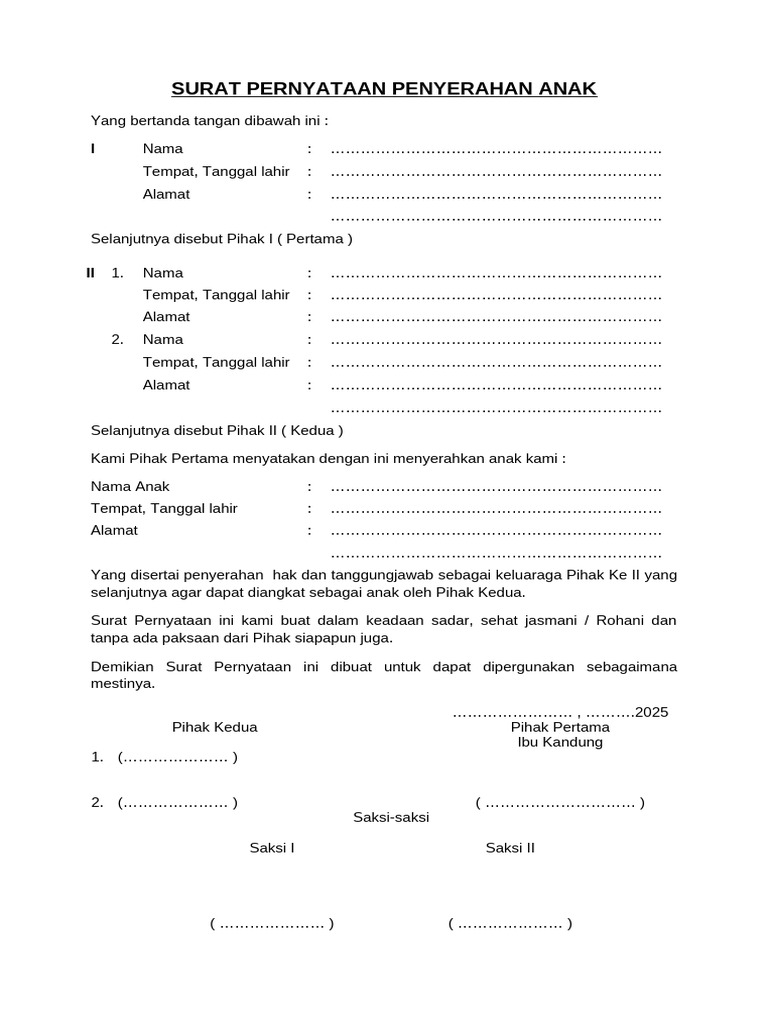 SURAT PERNYATAAN PENYERAHAN ANAK | PDF