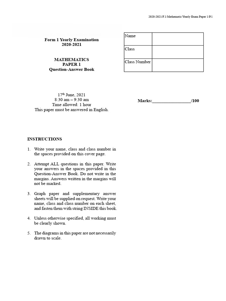# TKP 2020-2021 Yearly Exam F1 Math Paper 1 Question | PDF | Area ...