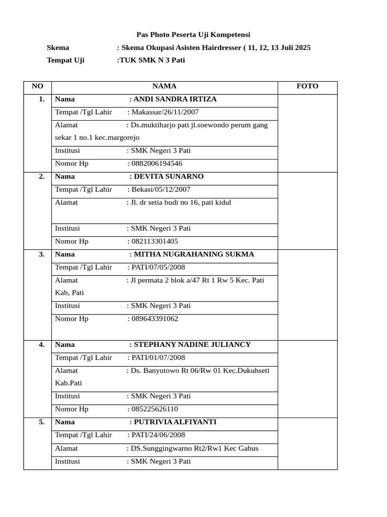 Pas Photo Peserta Uji Kompetensi LSP | PDF