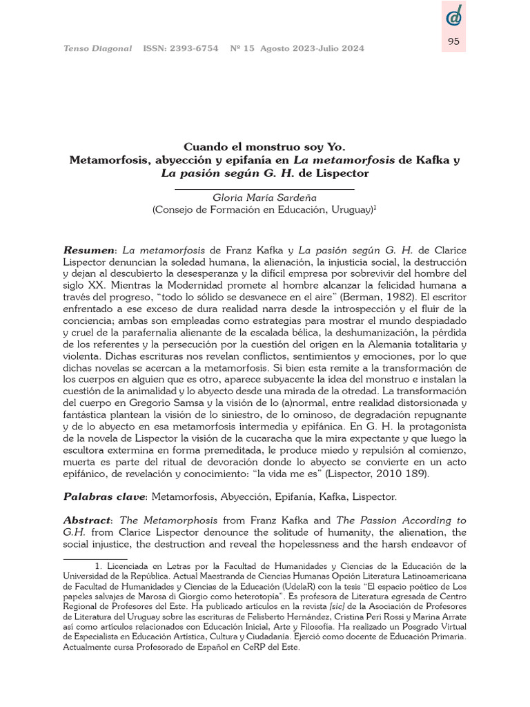 Metamorfosis y abyección en Kafka y Lispector | PDF | La metamorfosis ...