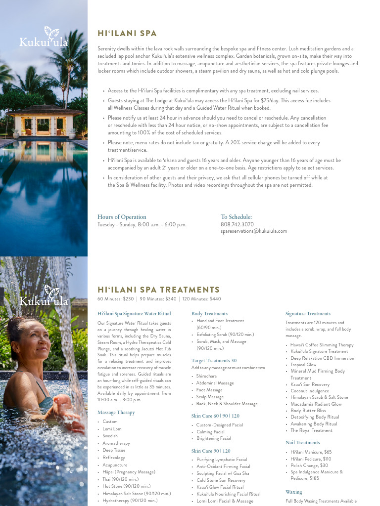 Hi'ilani Spa Wellness Treatments Guide | PDF | Pilates | Strength Training