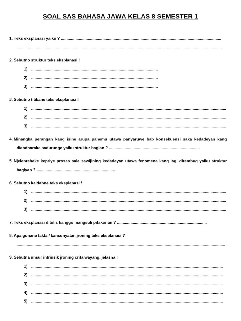 Soal Sas Bahasa Jawa Kelas 8 Semester 1 | PDF