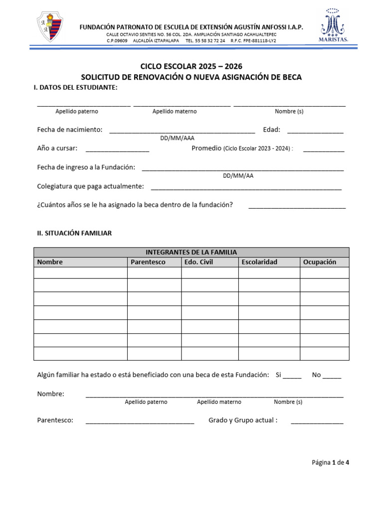 Anexo 1 Solicitud Renovacion o Nueva Asignacion de Beca para El Ciclo ...