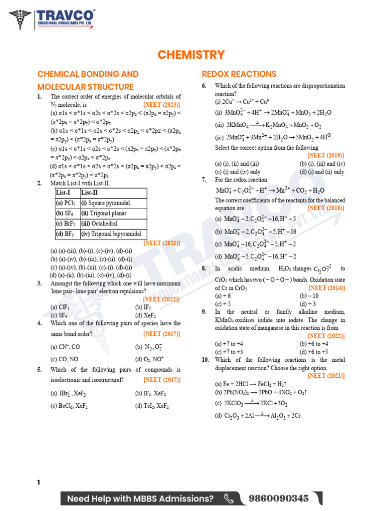 NEET PYQ Chemistry(Solutions) | PDF | Chemical Reactions | Chemical Equilibrium