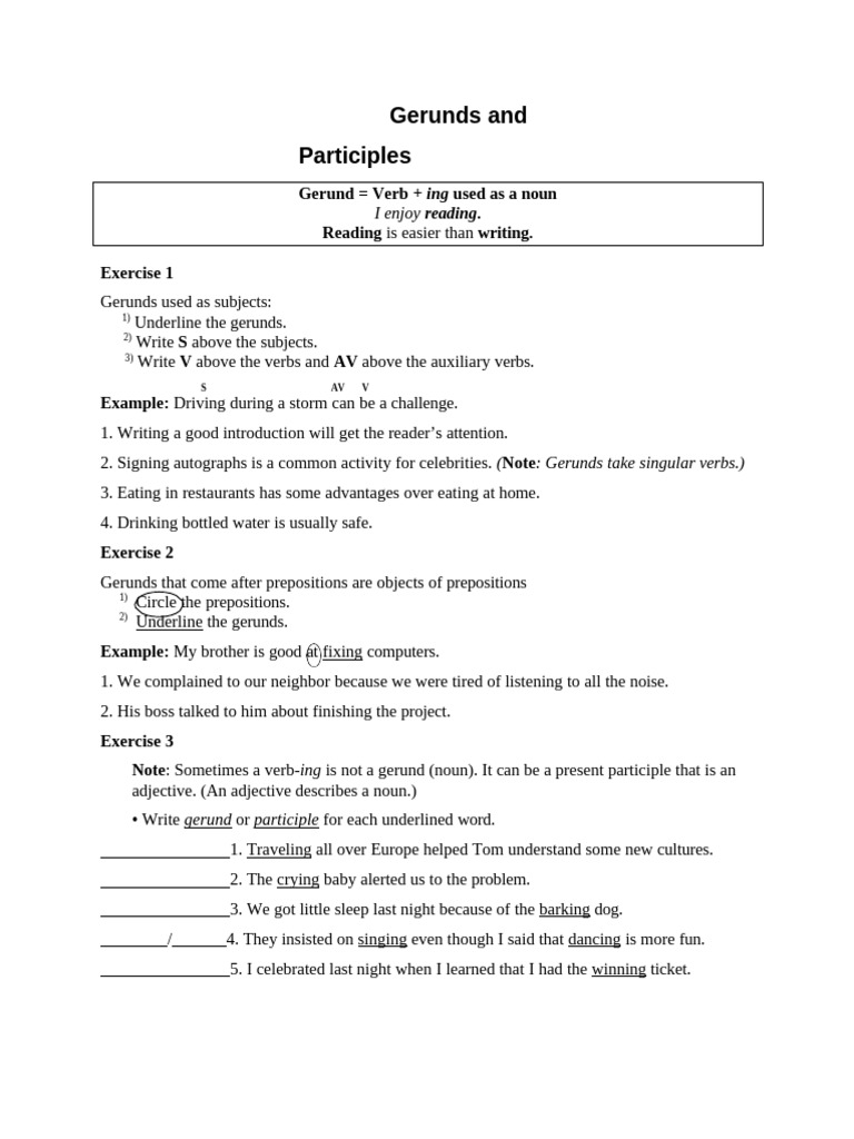 Gerunds vs. Participles: Exercises Guide | PDF | Verb | Noun