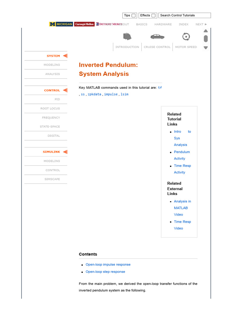 Control Tutorials For Matlab And Simulink Inverted Pendulum System