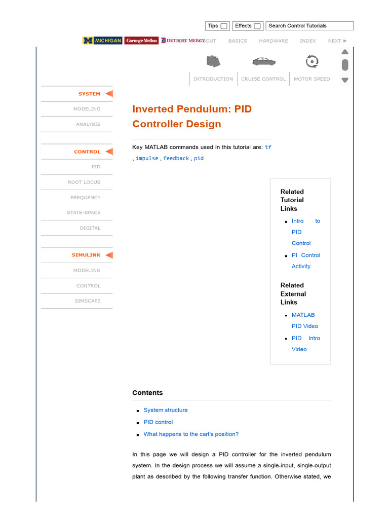 Control Tutorials For MATLAB and Simulink - Inverted Pendulum - PID Controller Design | PDF ...
