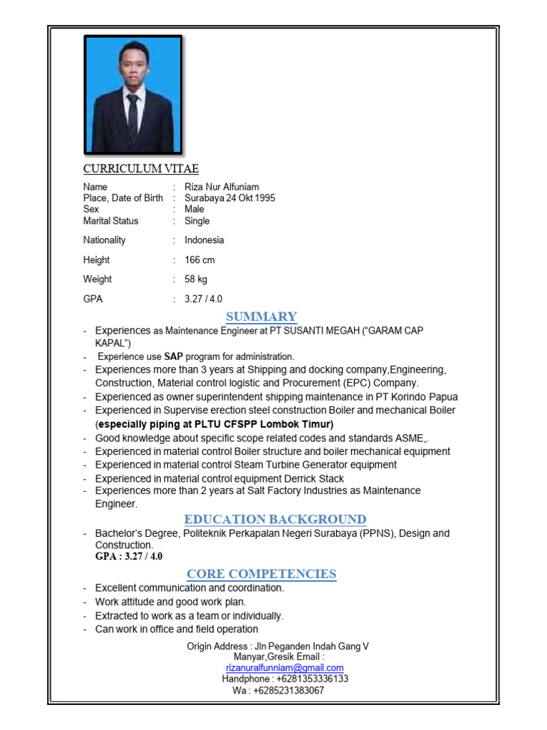 CV Update Riza Nur Alfuniam | PDF | Boiler | Welding