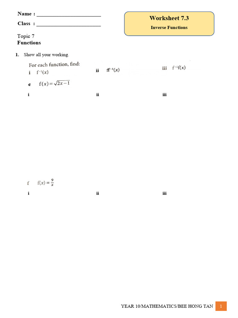 Worksheet 7.3 Inverse Functions | PDF