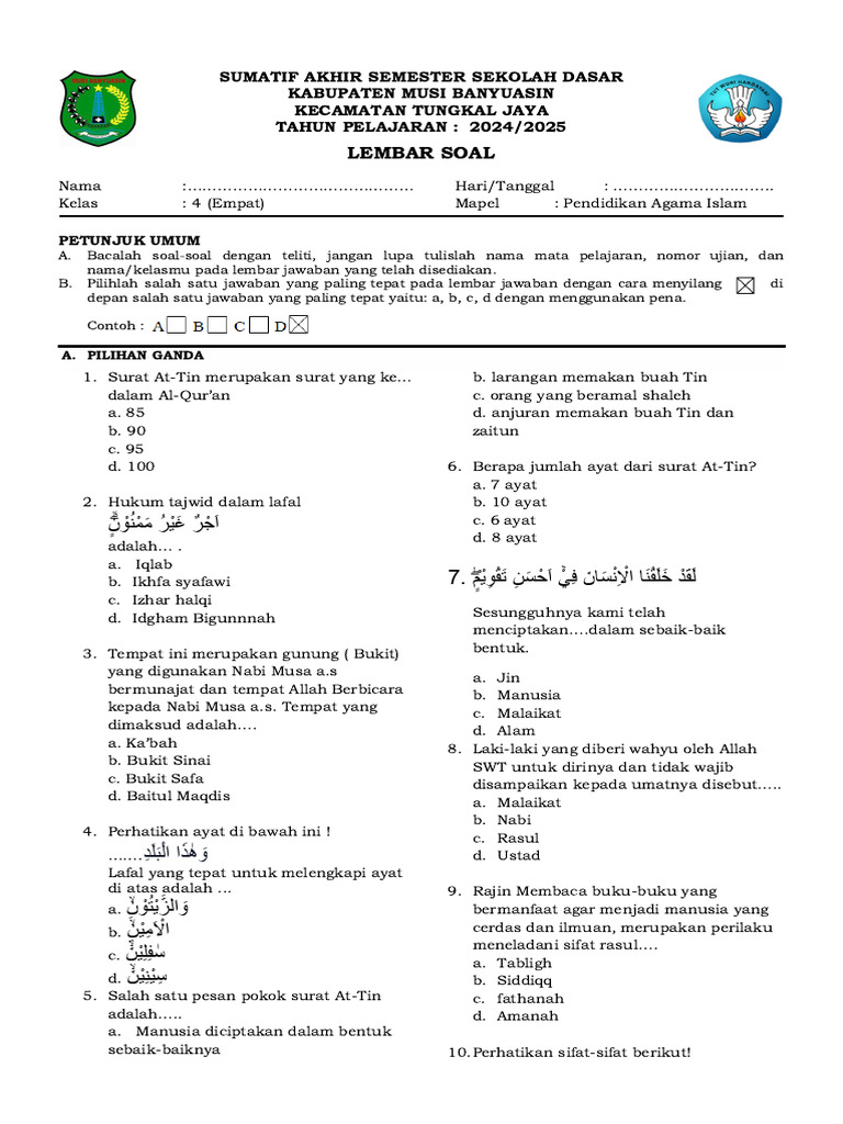 Naskah Soal Sas Kelas 4 Semester Genap Tahun 2025 | PDF