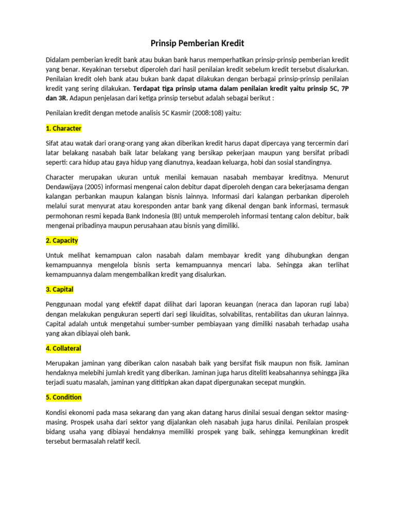Prinsip 5c, 7p, 3r Dalam Analisa Pemberian Kredit | PDF