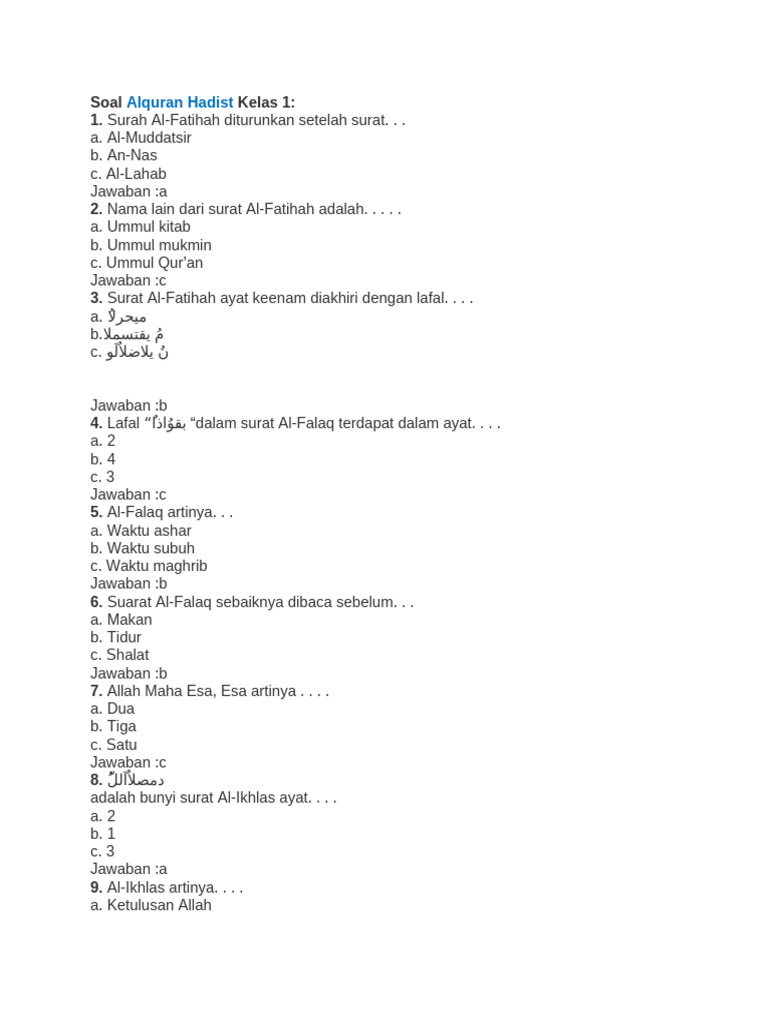 Soal Alquran Hadis Kelas 1 MD | PDF