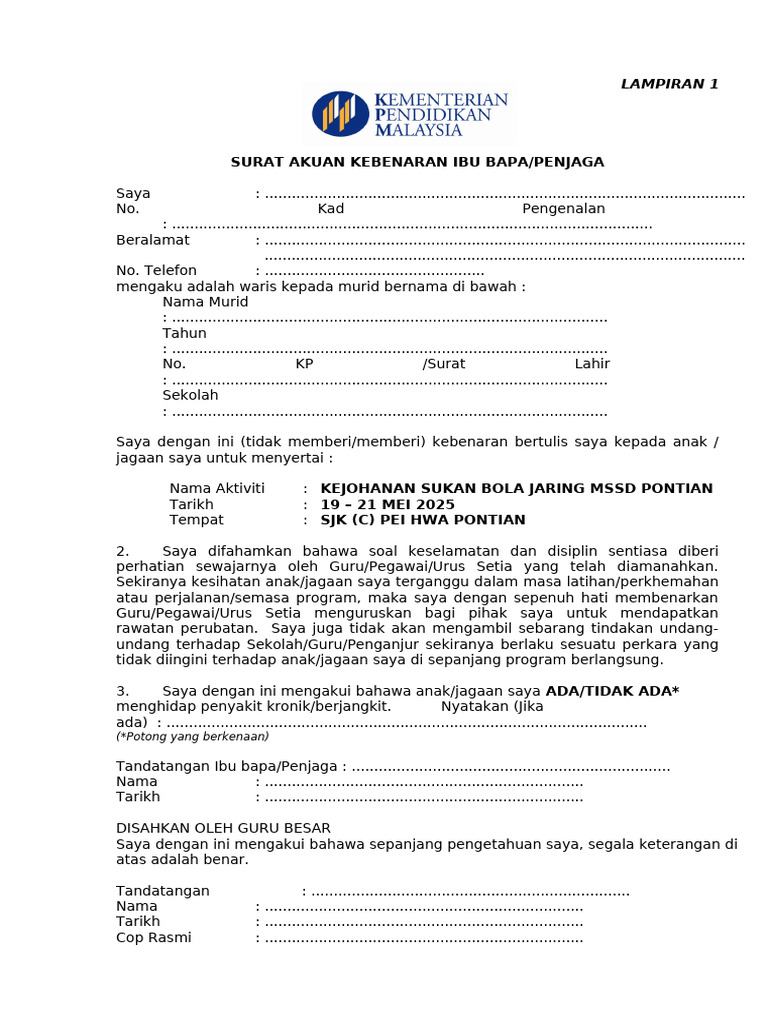 Surat Kebenaran Ibu Bapa | PDF