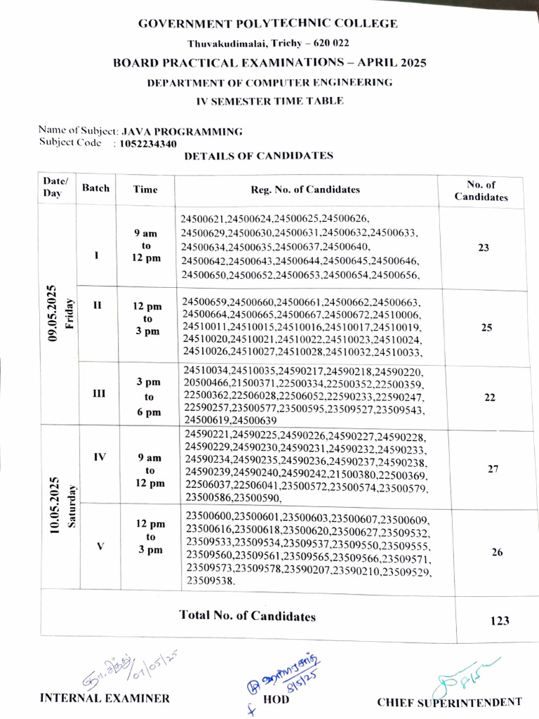 Java Practical Timetable 09.05.25 & 10.05 | PDF