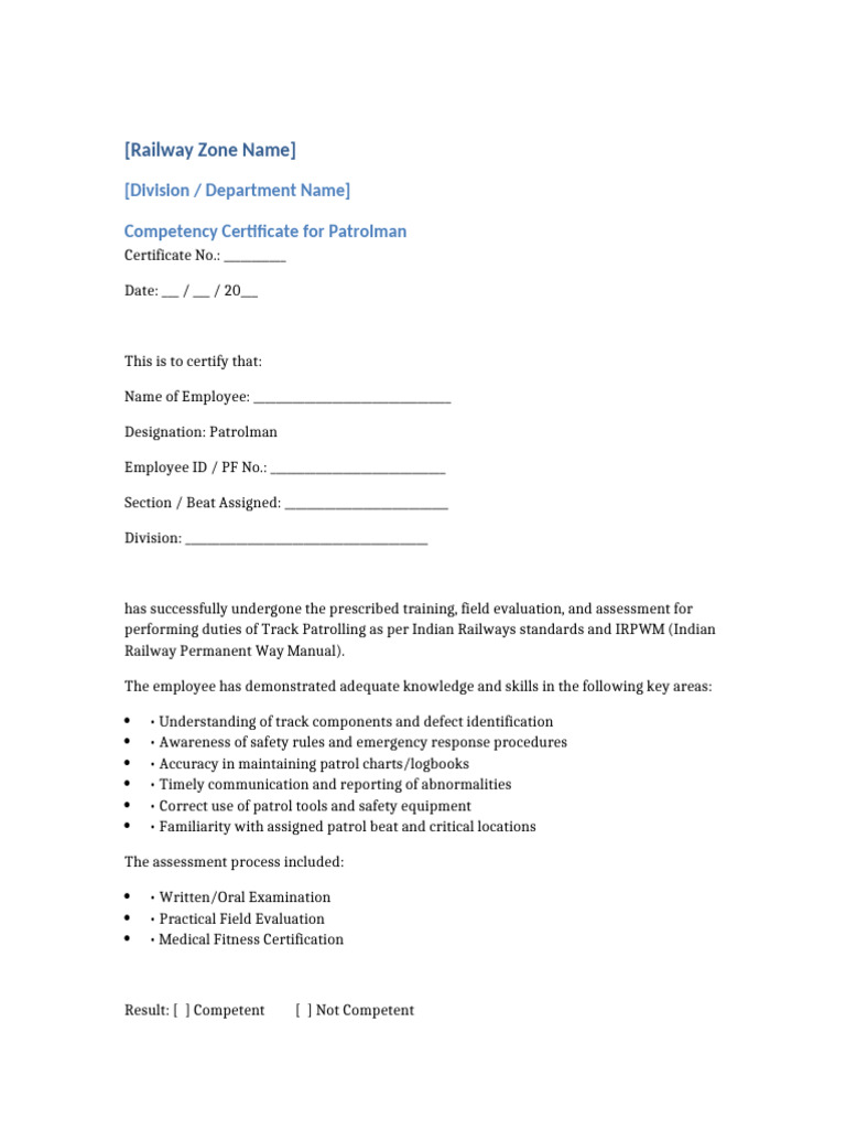 Competency Certificate for Patrolman | PDF