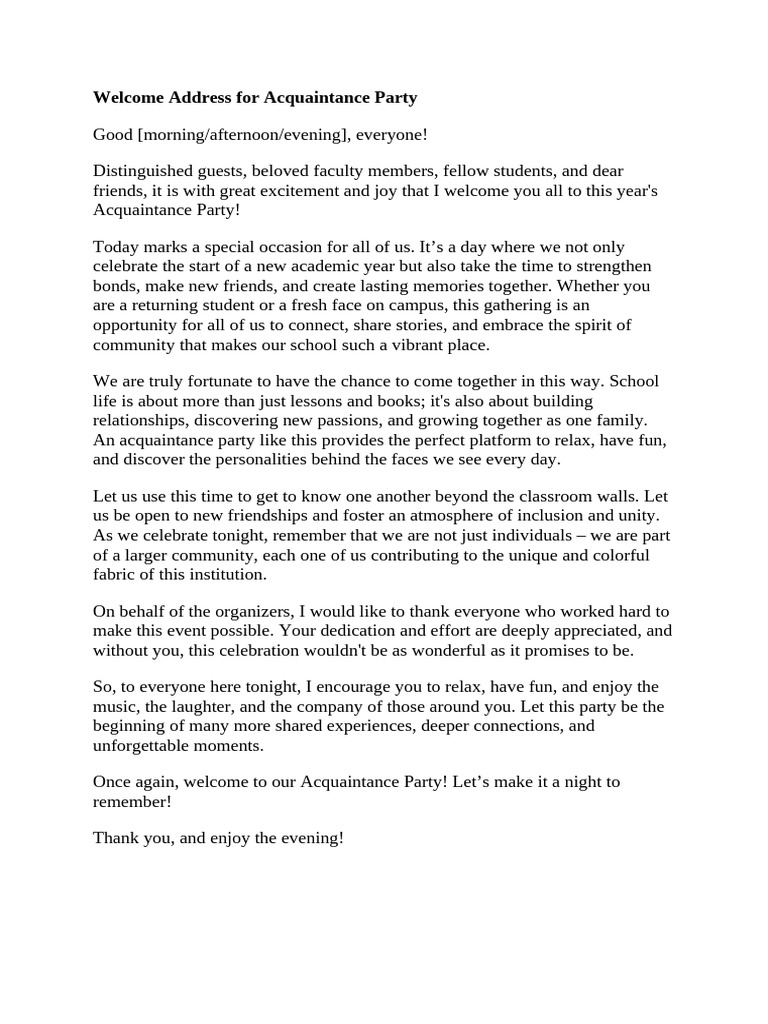 Welcome Address for Acquaintance Party | PDF