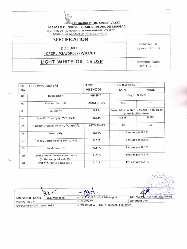 Specification Light White Oil 15 USP | PDF