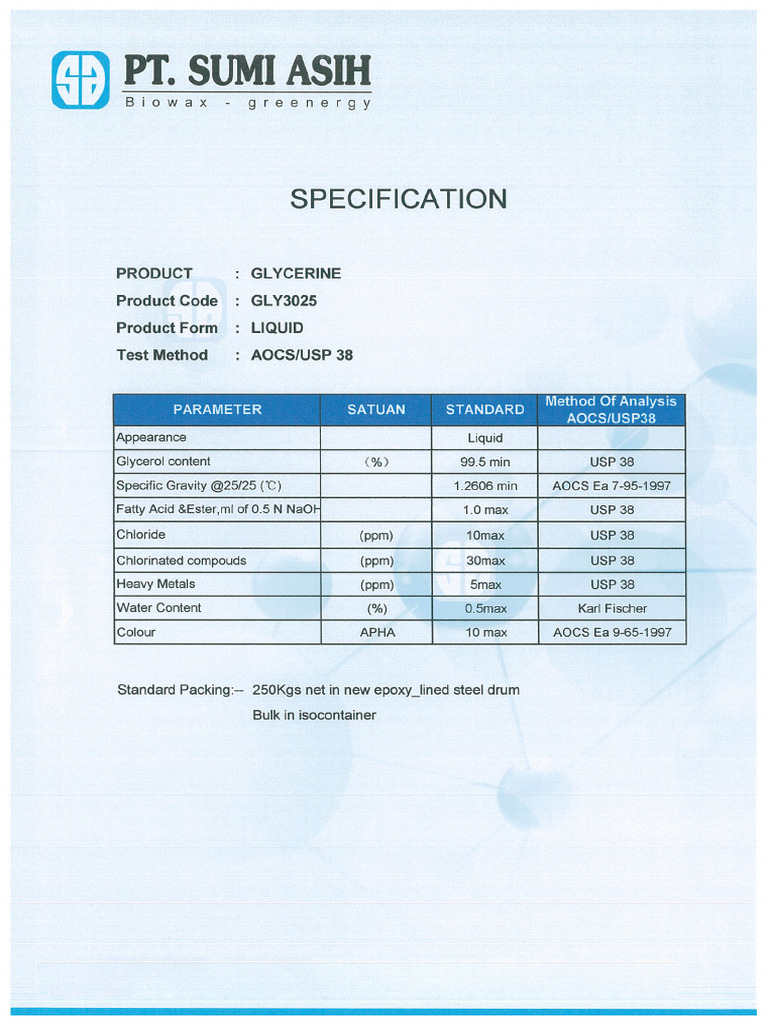 Specification (GLY3025) Glycerine Ex Sumi Asih | PDF