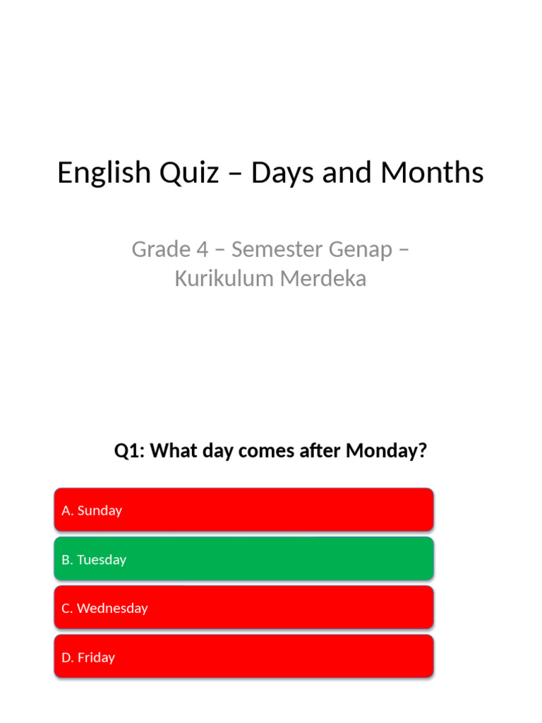 English Quiz Days and Months Grade4 | PDF