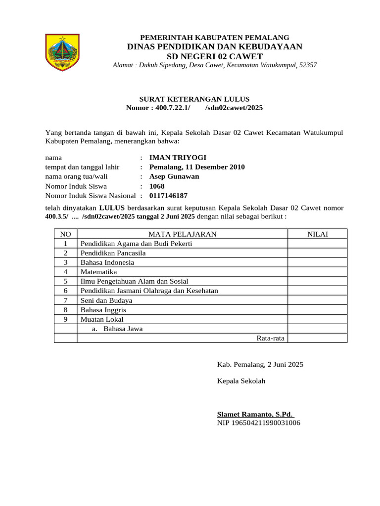 Contoh Surat Keterangan Lulus SD | PDF