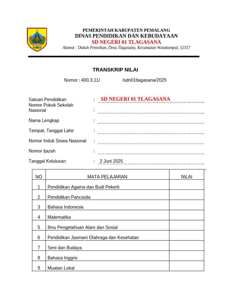 Contoh TRANSKRIP NILAI IJAZAH KUMER | PDF
