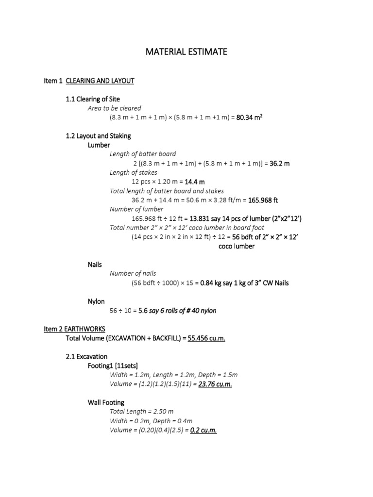 Sample Material-Estimate | PDF | Cement | Framing (Construction)
