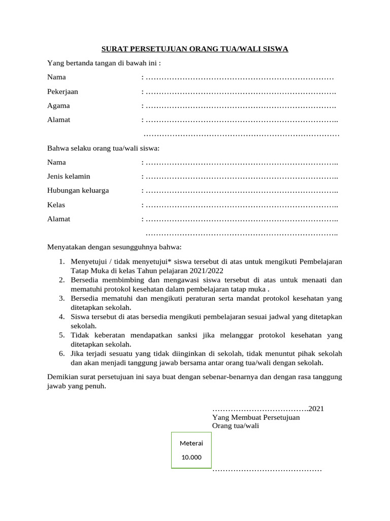 Contoh Surat Persetujuan Orang Tua | PDF