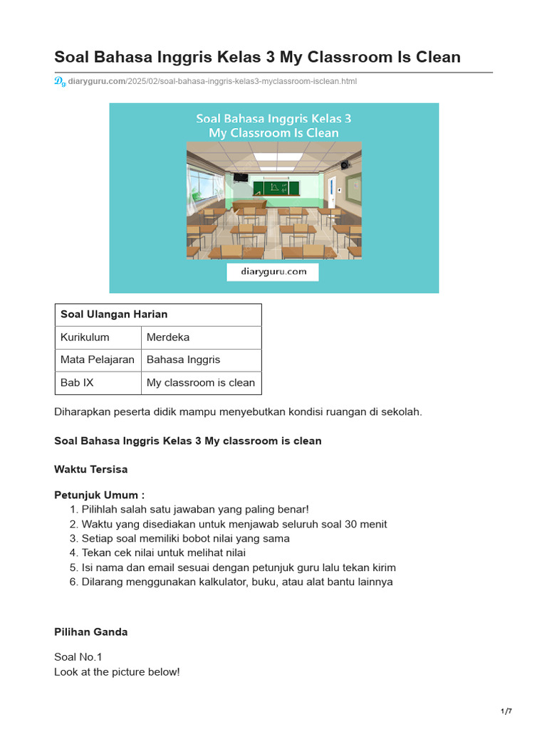 Soal Bahasa Inggris Kelas 3 My Classroom Is Clean | PDF