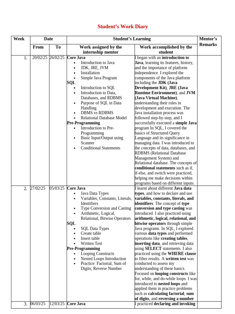Student Internship Work Diary | PDF | Method (Computer Programming ...
