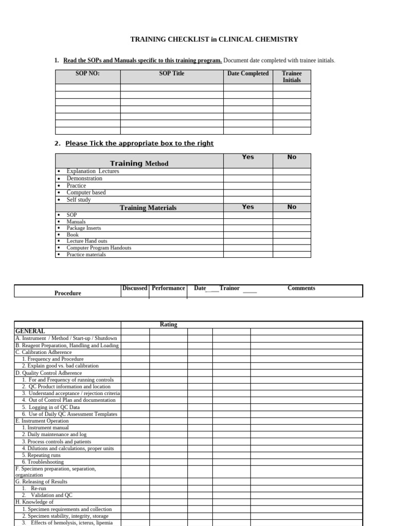 Clinical Chemistry Training Checklist | PDF