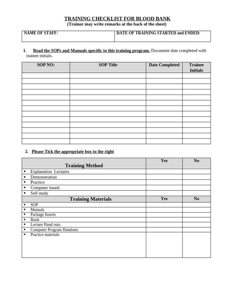 Blood Bank Training Checklist | PDF | Blood Transfusion | Vertebrates