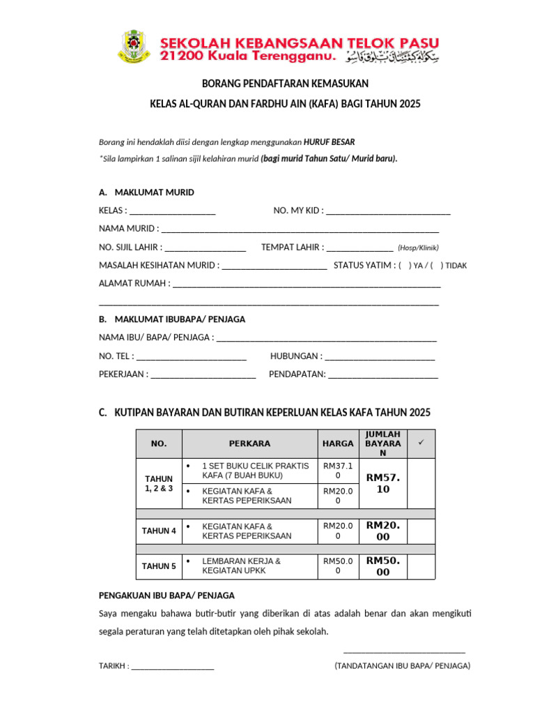 Borang Daftar Kemasukan Kafa 2025 | PDF